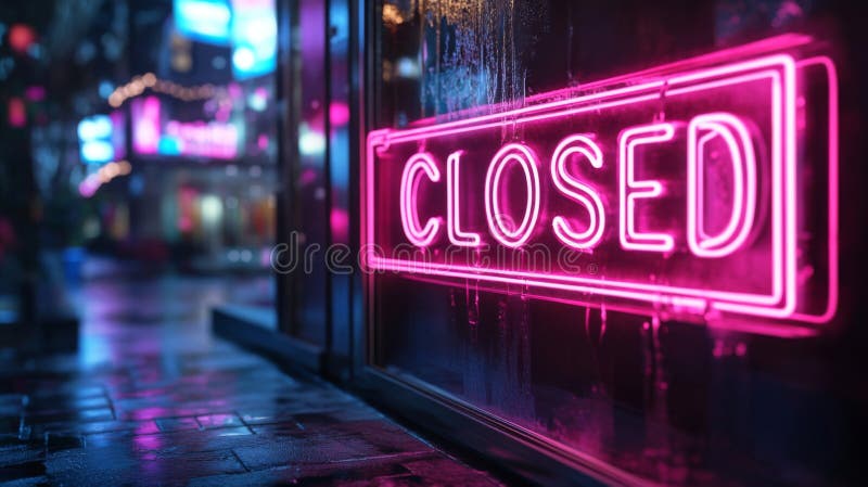 Pink Neon Closed Sign on Rainy City Night Stock Illustration ...