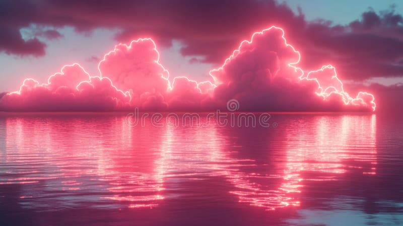 Pink Neon Clouds Reflecting on Calm Water Stock Illustration ...