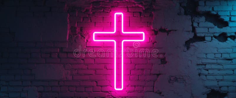 Pink Neon Cross Glowing on a Brick Wall with Dramatic Lighting Stock ...