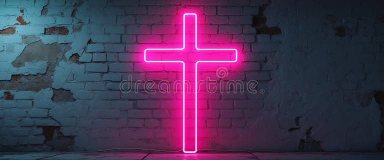 Pink Neon Cross Glowing on a Brick Wall with Dramatic Lighting. Stock ...