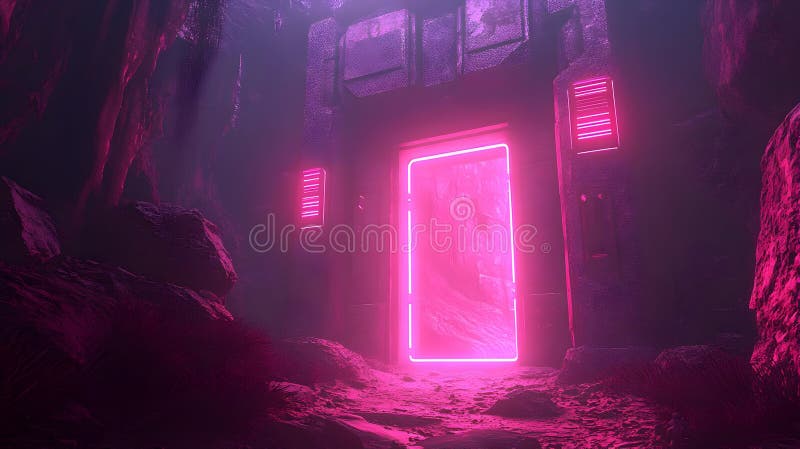Pink Neon Doorway in a Dark Cave 3D Illustration Stock Illustration ...