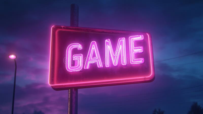 Pink Neon Game Sign at Night Stock Illustration - Illustration of ...