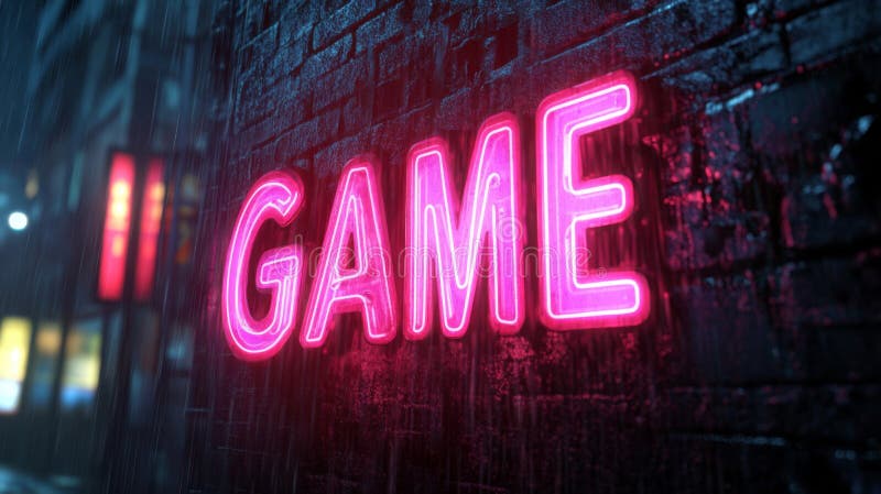 Pink Neon Game Sign on Rainy City Brick Wall Stock Illustration ...