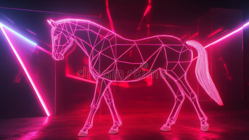 Pink Neon Geometric Horse in Dark Futuristic Setting Stock Illustration ...