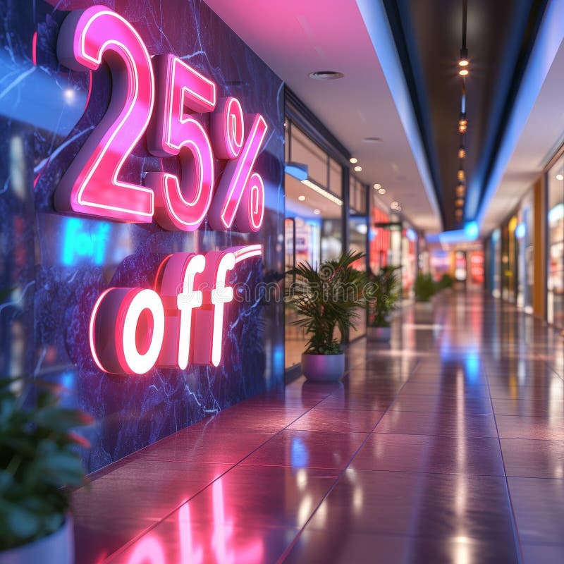 Pink Neon Glowing 25 OFF Written on Wall in Mall Stock Illustration ...