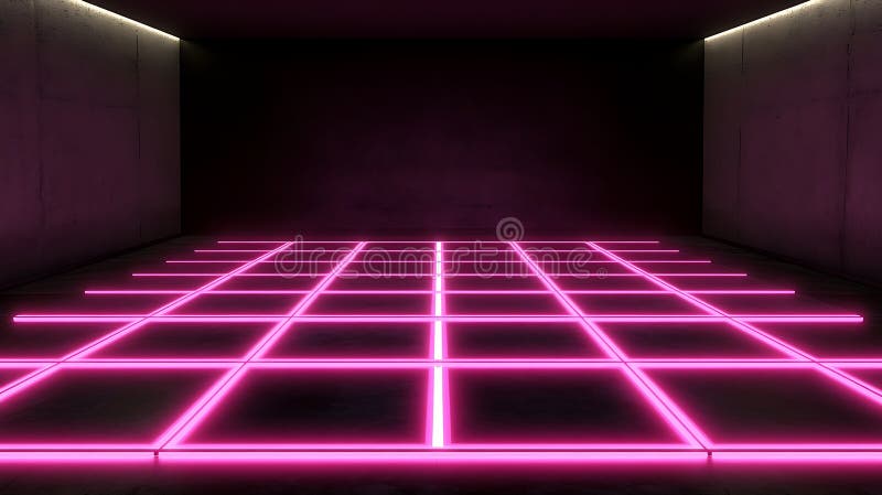Pink Neon Grid Floor in Dark Room Stock Photo - Image of futuristic ...