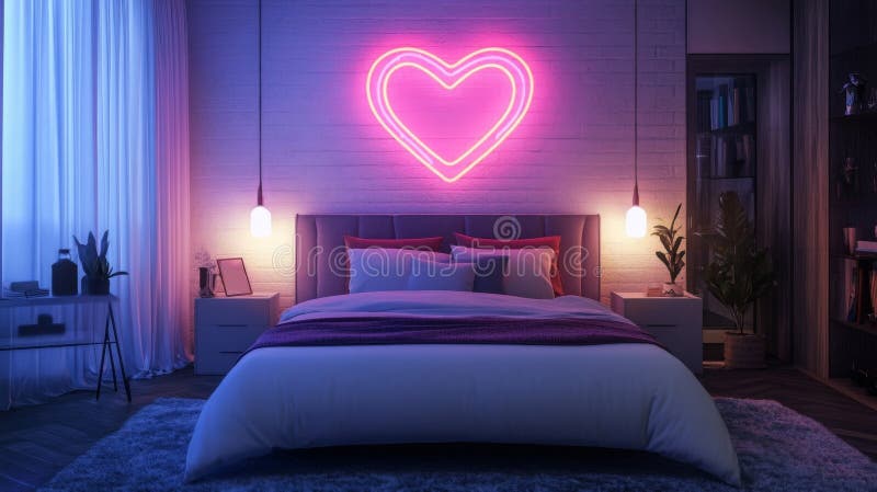 Pink Neon Heart Above a Bed in a Modern Bedroom Stock Illustration ...