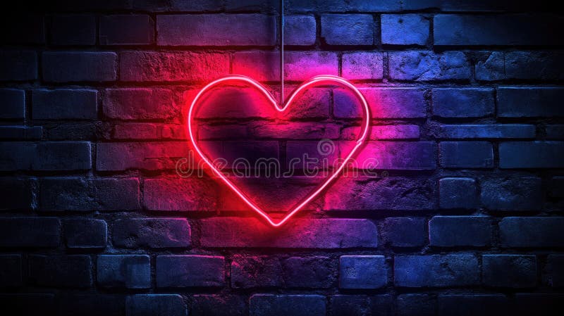 Pink Neon Heart Sign on Dark Brick Wall Background Stock Image - Image ...