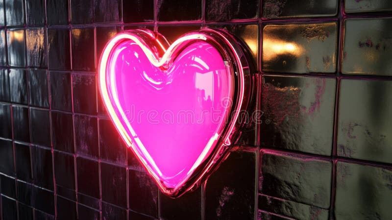 Pink Neon Heart Sign on Dark Tile Wall Stock Illustration ...