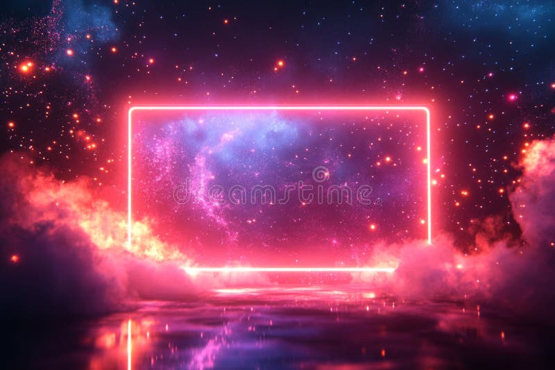 Pink Neon Light Rectangle Frame Reflecting in Water Under a Galaxy Sky ...