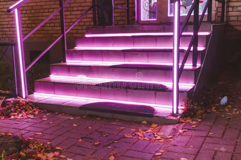 Pink Neon Light Staircase Geometry Line Glow Building City Stock Image ...