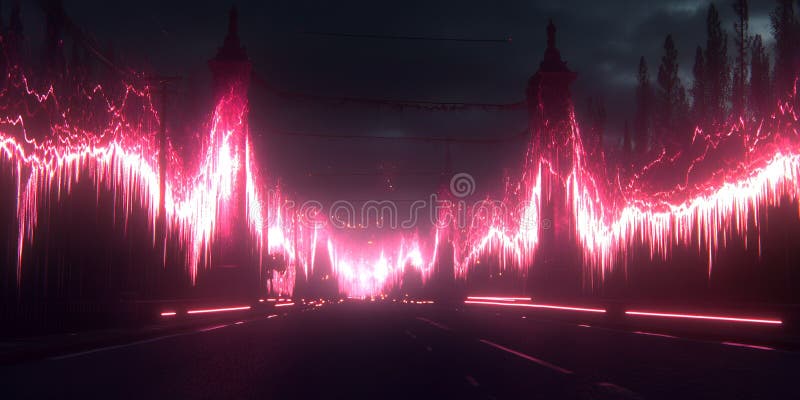 Pink Neon Light Wave Energy Abstract Night Cityscape Road Stock ...