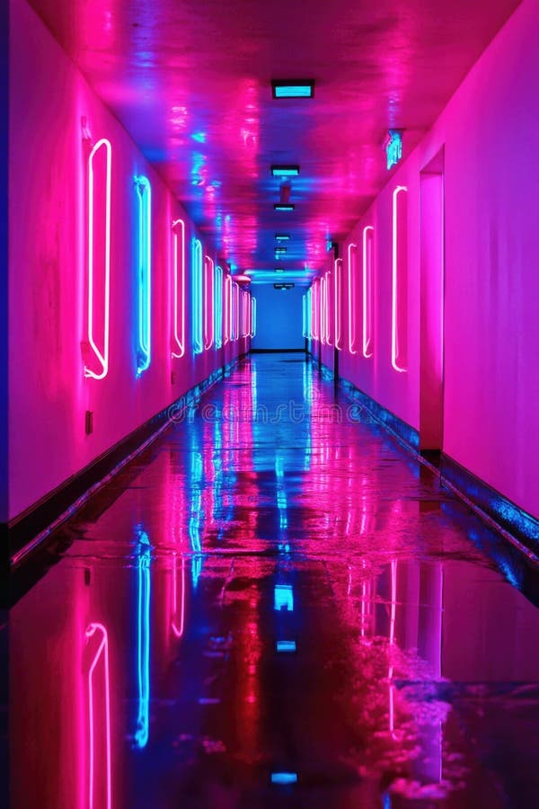 Pink Neon Lights Hallway stock photo. Image of floor - 358553540