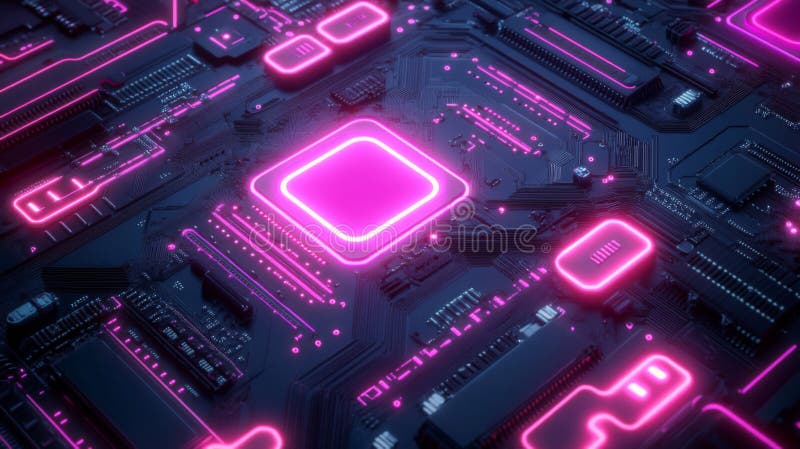 Pink Neon Lights Illuminating a Black Circuit Board Stock Illustration ...