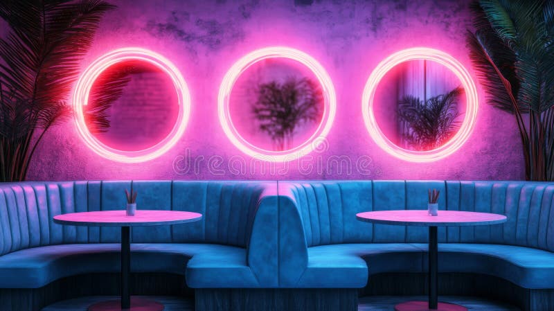Pink Neon Lights in Retro Bar Interior Stock Illustration ...