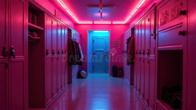 Pink Neon Lit Locker Room Corridor Stock Illustration - Illustration of ...