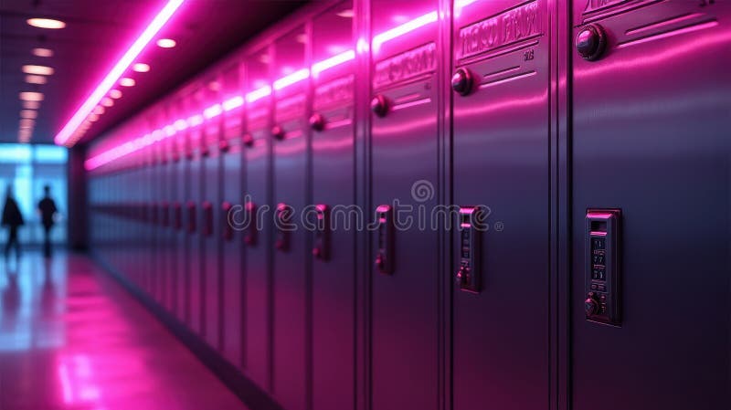 Pink Neon Lit Locker Room Hallway Stock Illustration - Illustration of ...