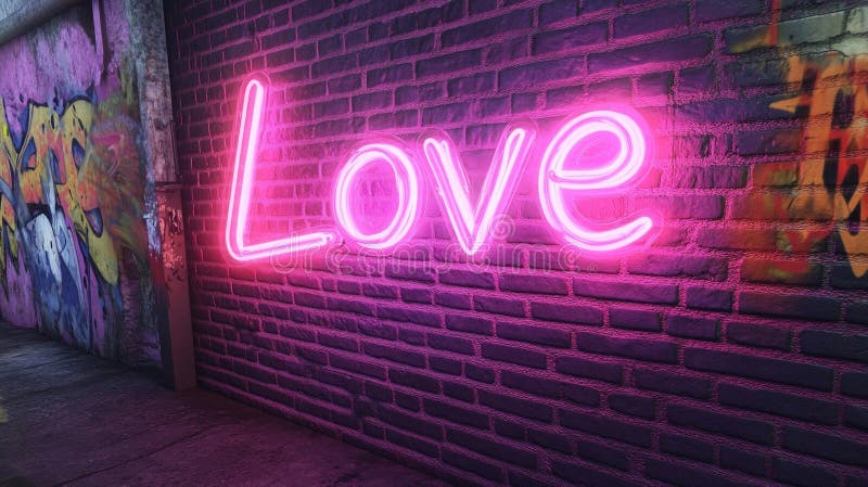 Pink Neon Love Sign on Graffiti Brick Wall Stock Illustration ...
