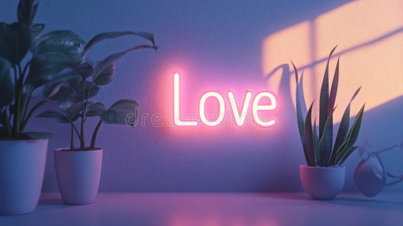 Pink Neon Love Sign with Indoor Plants Stock Illustration ...