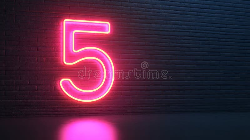 Pink Neon Number Five Sign on Dark Brick Wall Background. 3D Rendering ...