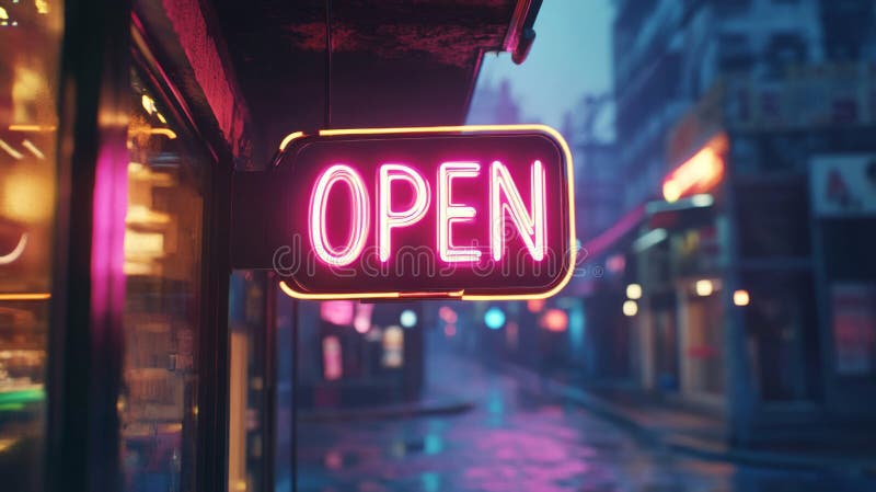 Pink Neon Open Sign in a Rainy City at Night Stock Illustration ...