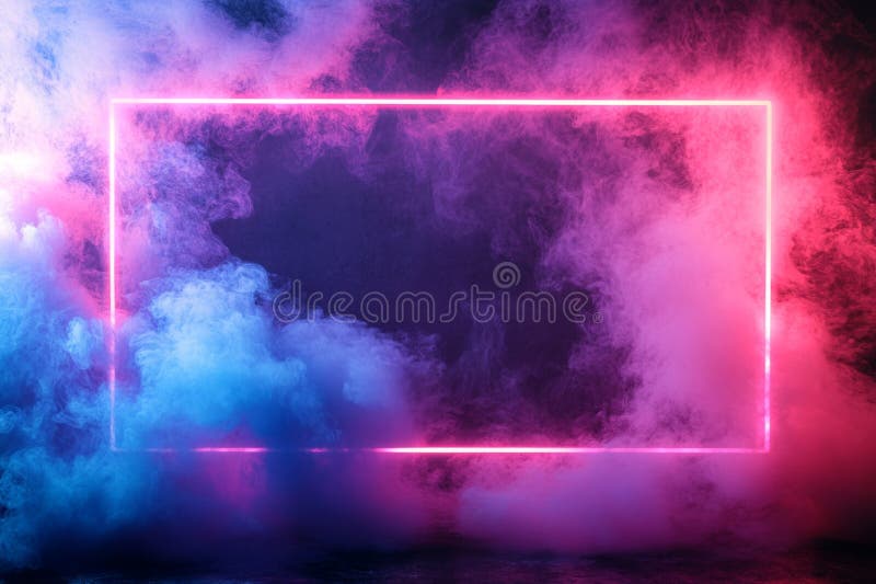 Pink Neon Rectangle Frame Glowing Behind Blue and Violet Smoke on Dark ...