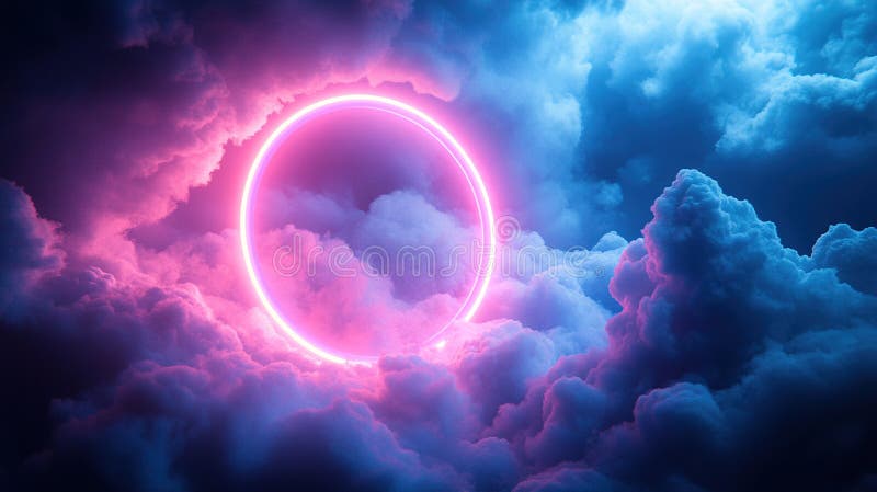 Pink Neon Ring in Vibrant Cloudscape, Night Sky Backdrop, Digital Art ...