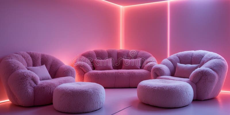Pink Neon Room Decor Cozy Fluffy Seating LED Lights Stock Image - Image ...