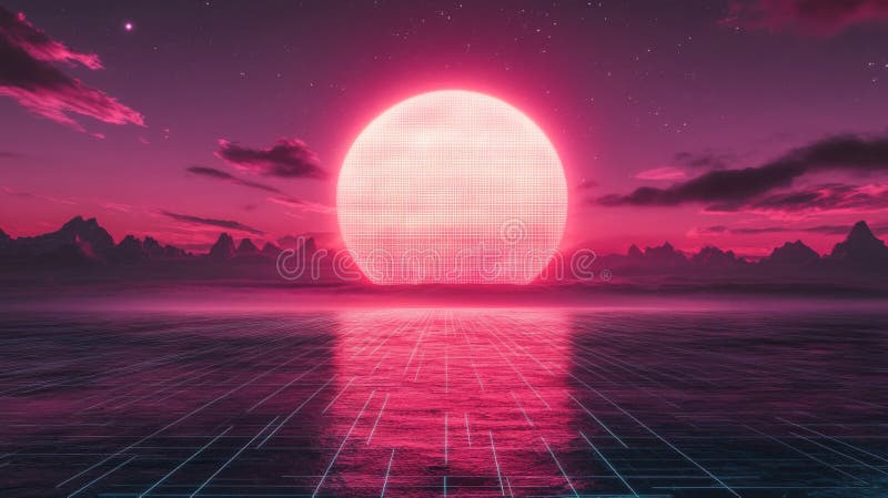 Pink Neon Sunset Over Digital Water Stock Illustration - Illustration ...