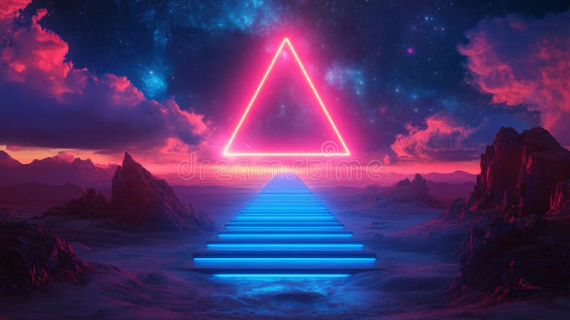 Pink Neon Triangle and Blue Steps Leading To a Starry Night Sky Stock ...
