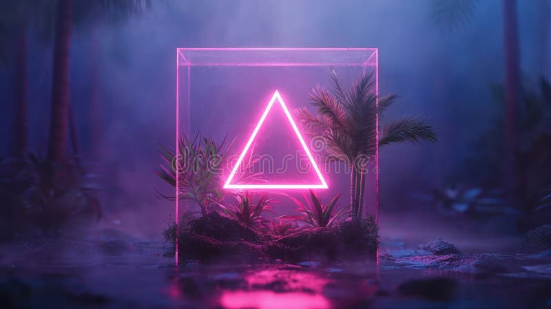 A Pink Neon Triangle is Displayed in a Transparent Cube, Surrounded by ...