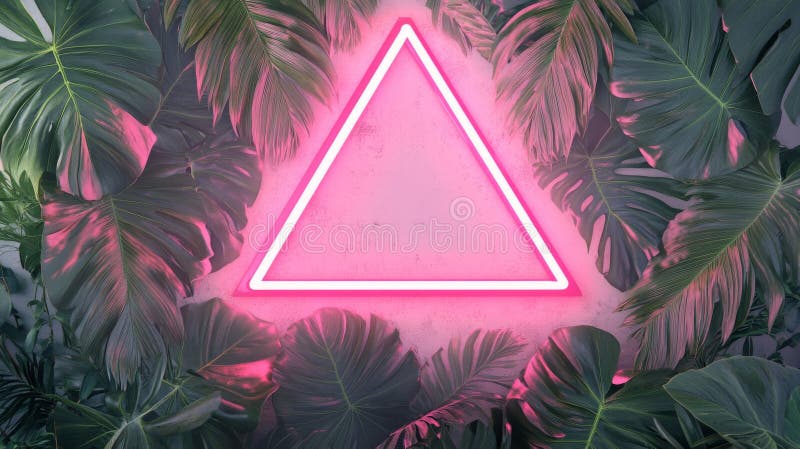 Pink Neon Triangle Framed by Lush Green Tropical Leaves Stock ...
