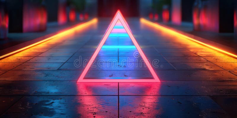 Pink Neon Triangle with Glowing Lines on Reflecting Floor, Abstract ...
