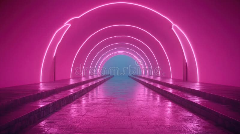 Pink Neon Tunnel, Glowing Arches, Futuristic Steps, Abstract Background ...