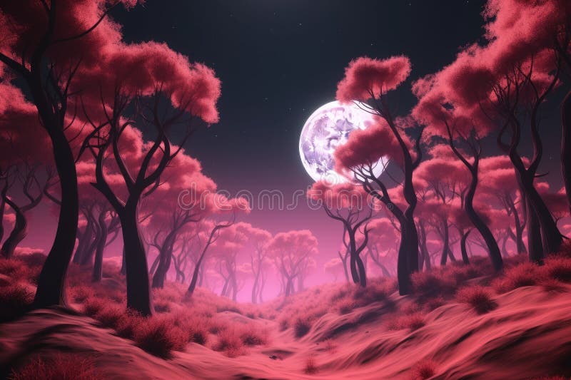 Pink Night Forest. Generate Ai Stock Illustration - Illustration of ...