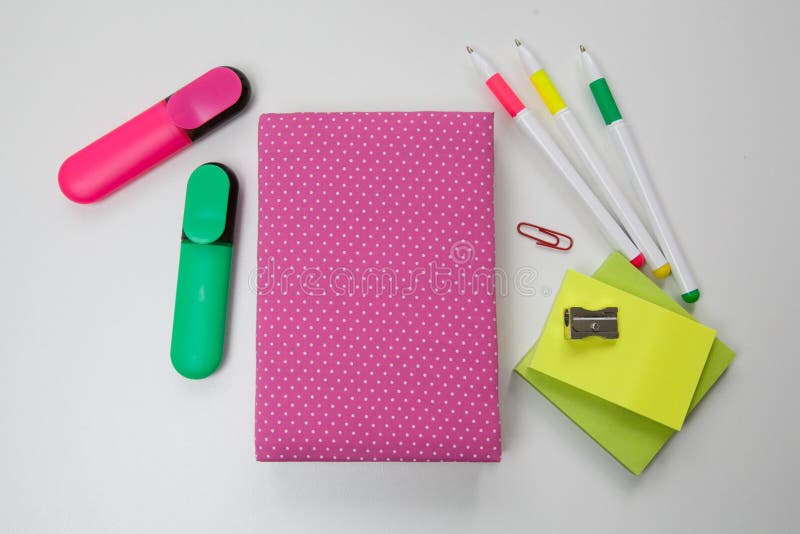 Pink notebook mocap stock image. Image of bright, markers - 67658535