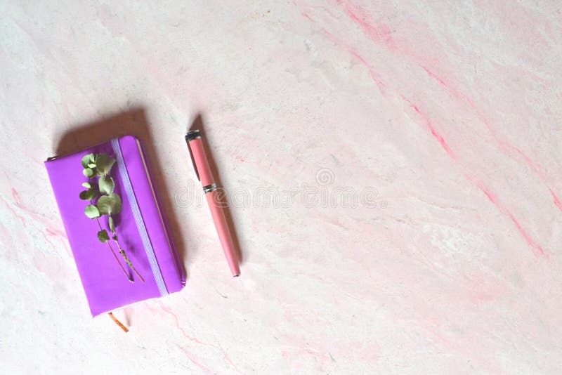 Pink Notebook, Pen and Branches of Eucalyptus on the Textured Table ...