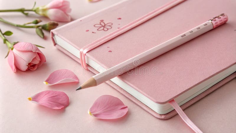 Pink Notebook, Pencil, and Petals a Delicate Composition Stock ...