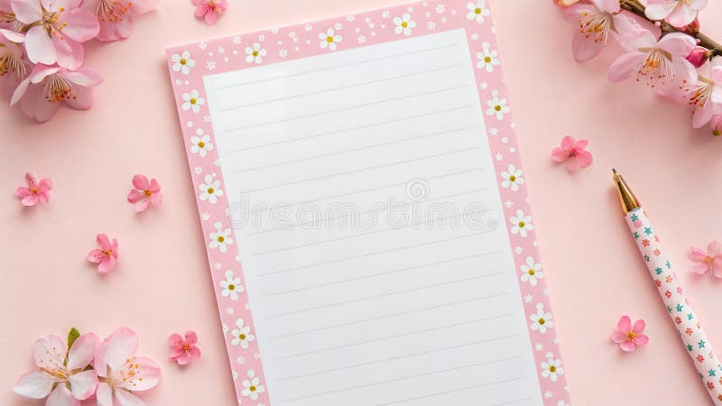 Pink Notepad with Flower Border and Pen Stock Illustration ...