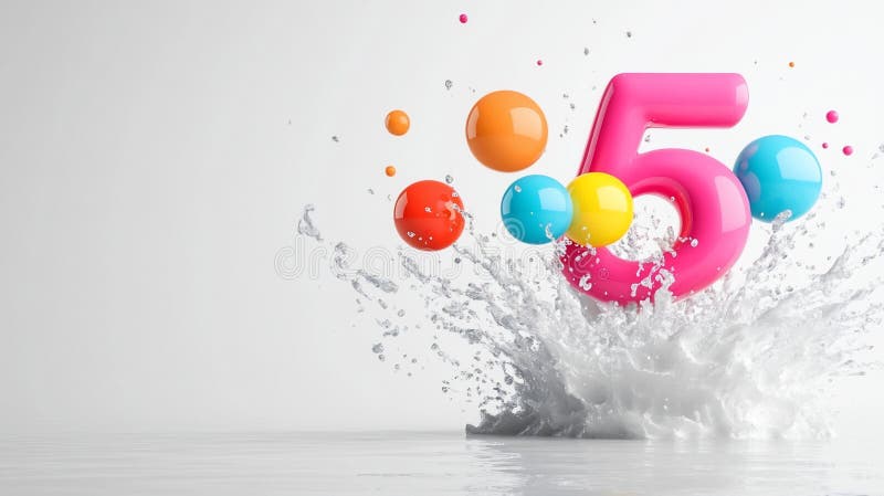 Pink Number Five Splashing into White Liquid with Colorful Spheres ...