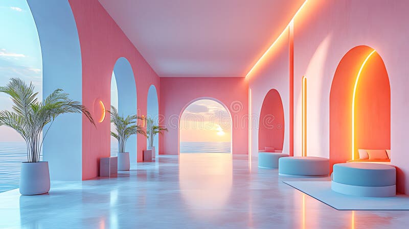 Pink Oceanfront Lounge Sunset Archway Interior Design Stock ...