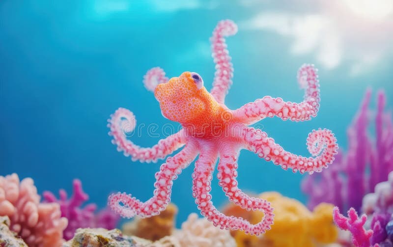 A Pink Octopus Gracefully Swims through the Clear Blue Water. Stock ...