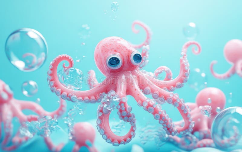 A Pink Octopus with Large Eyes Surrounded by Bubbles in the Water ...