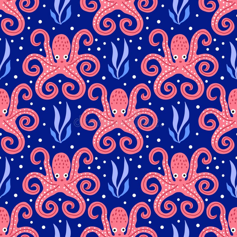 Pink Octopus Seamless Pattern. Flat Style Stock Vector - Illustration ...
