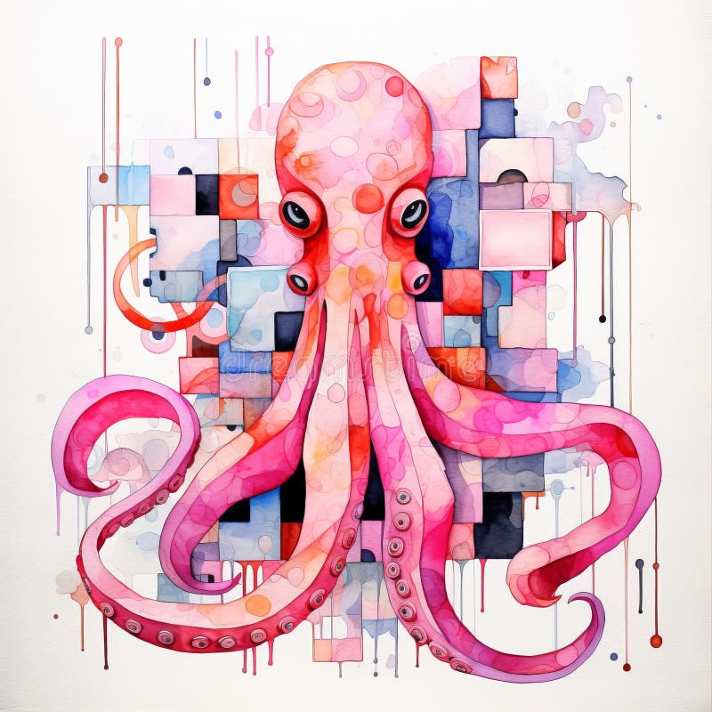 Pink Octopus Watercolor Sketch with Cubist Geometric Fragmentation ...