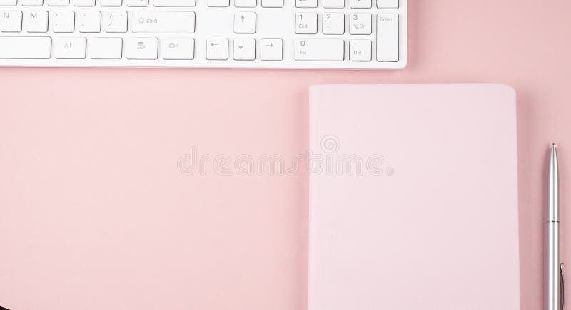 Pink Office Desk with Keyboard and Notebook.Top View with Copy Space ...