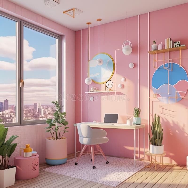 Pink Office Interior with a Computer on the Desk - 3d Rendering Stock ...