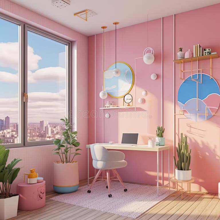 Pink Office Interior with a Computer on the Desk - 3d Rendering Stock ...