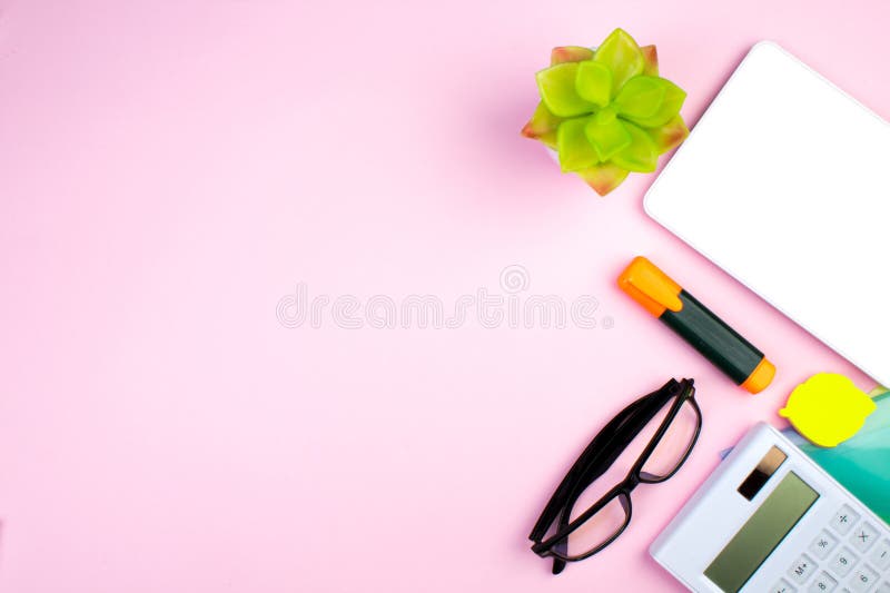 Pink Office Table with Computer, Pen and a Cup of Coffee, Lot of Things ...