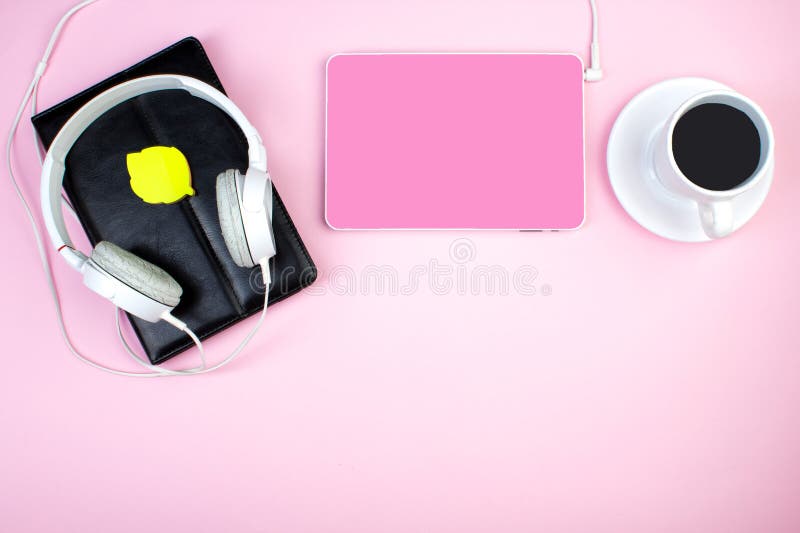 Pink Office Table with Computer, Pen and a Cup of Coffee, Lot of Things ...